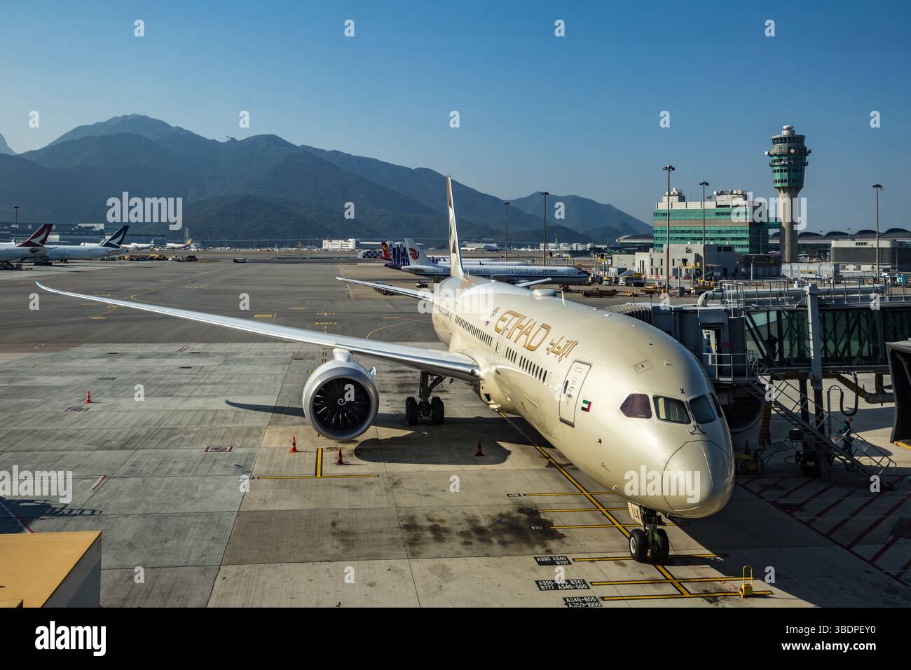 Etihad Boeing 787 jet on the tarmac at the Hong Kong International ...