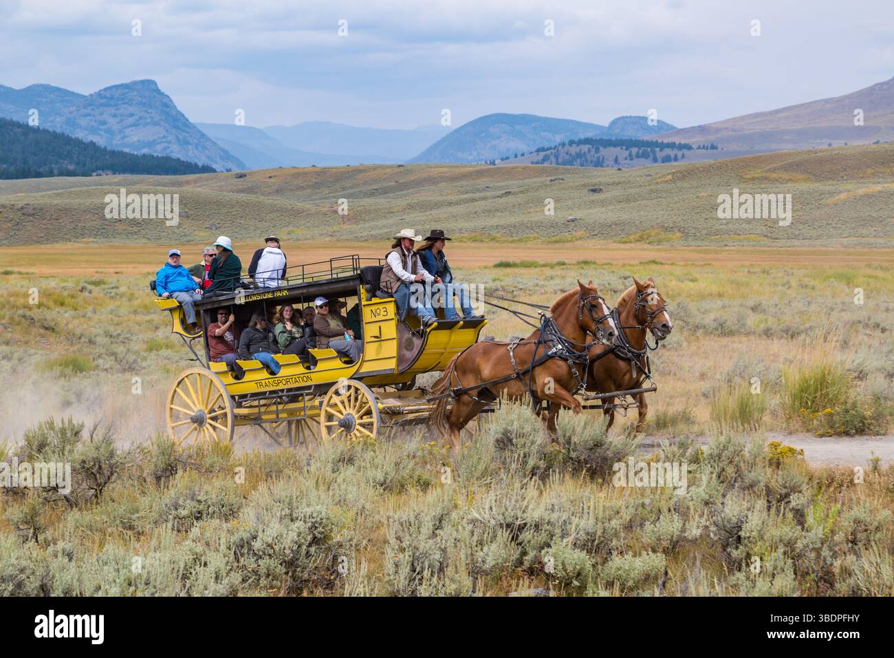 Tourists riding horse-drawn stagecoach replicas through sage-covered ...