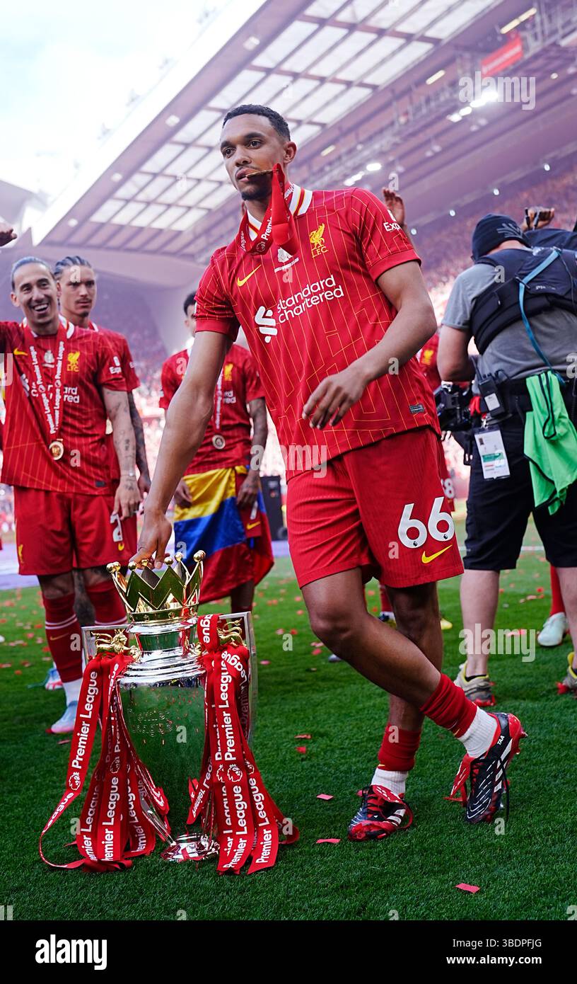 Liverpool's Trent Alexander-Arnold celebrates with the Premier League ...