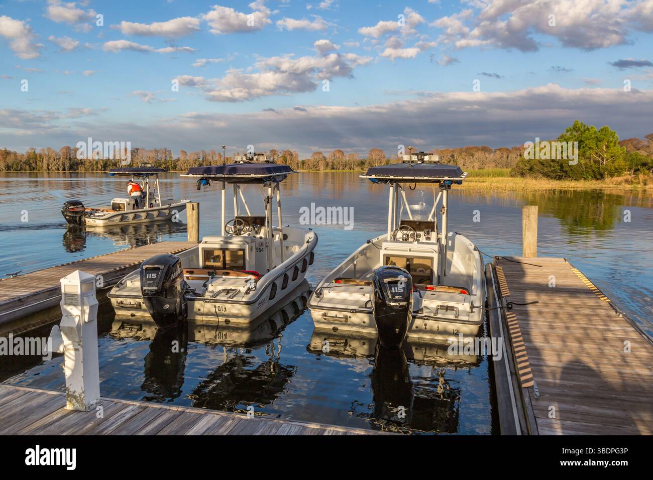 Security patrol boats docked at the marina in Fort Wilderness ...