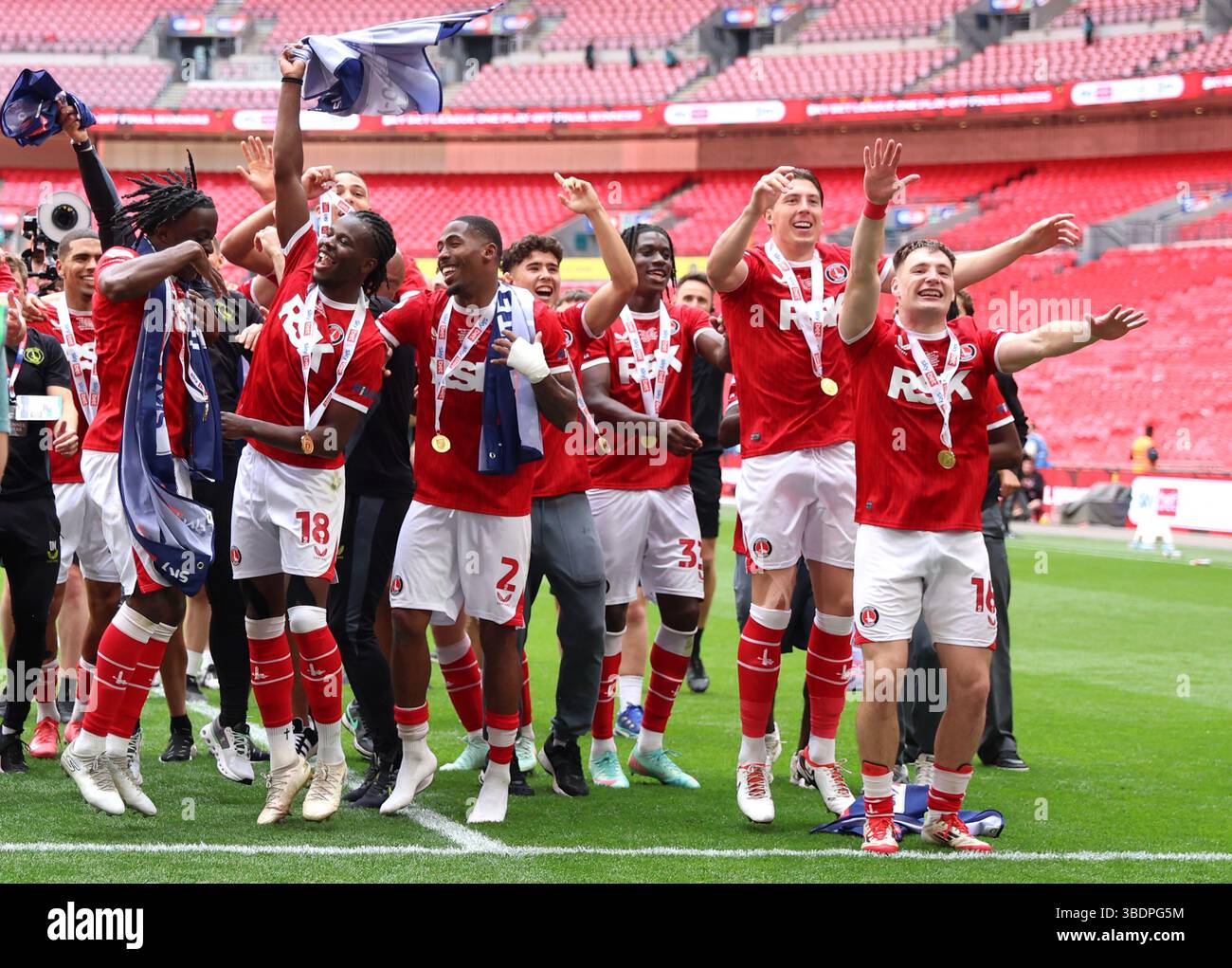 Charlton Athletic players celebrate after winning the Sky Bet League ...