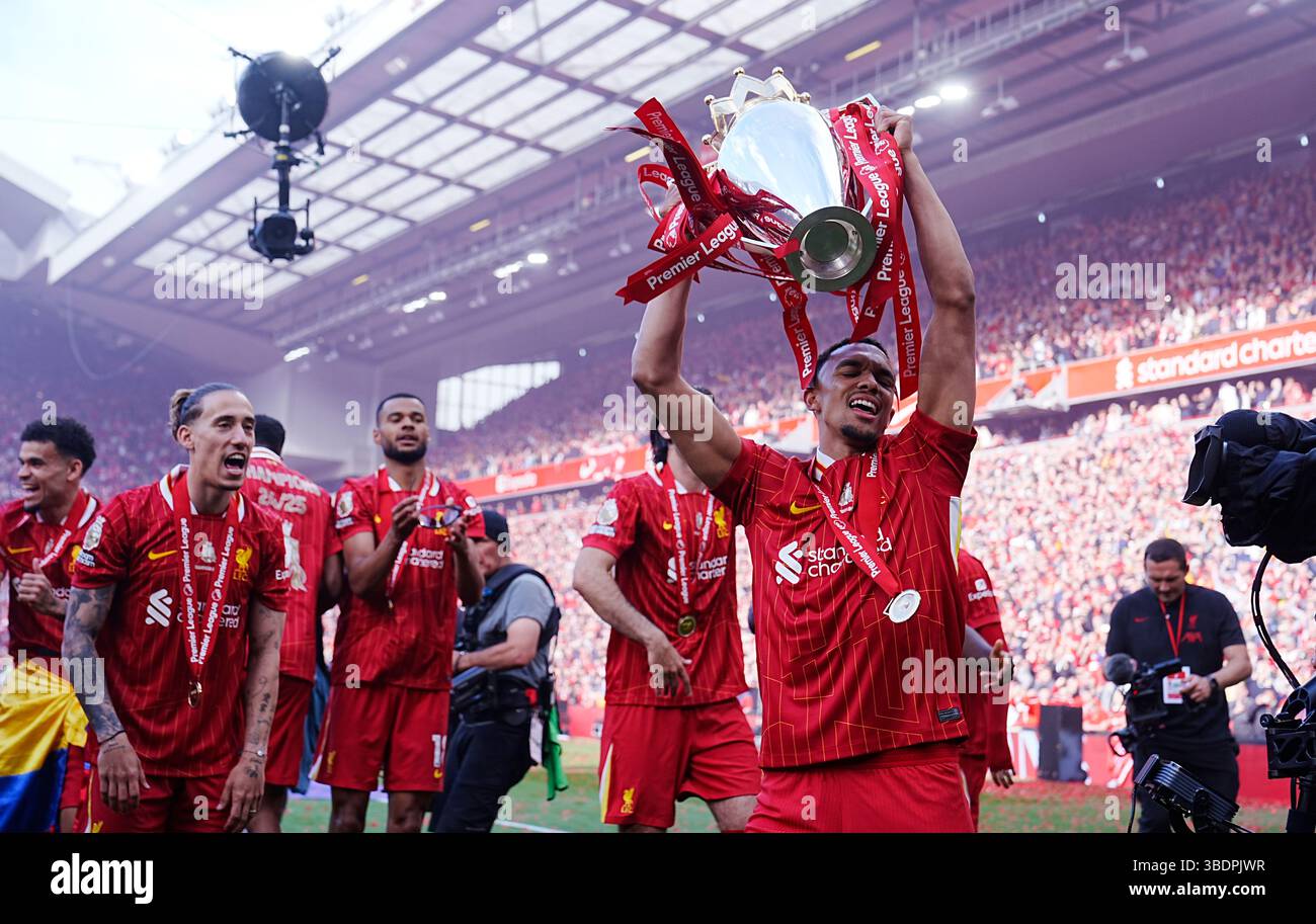Liverpool's Trent Alexander-Arnold celebrates with the Premier League ...