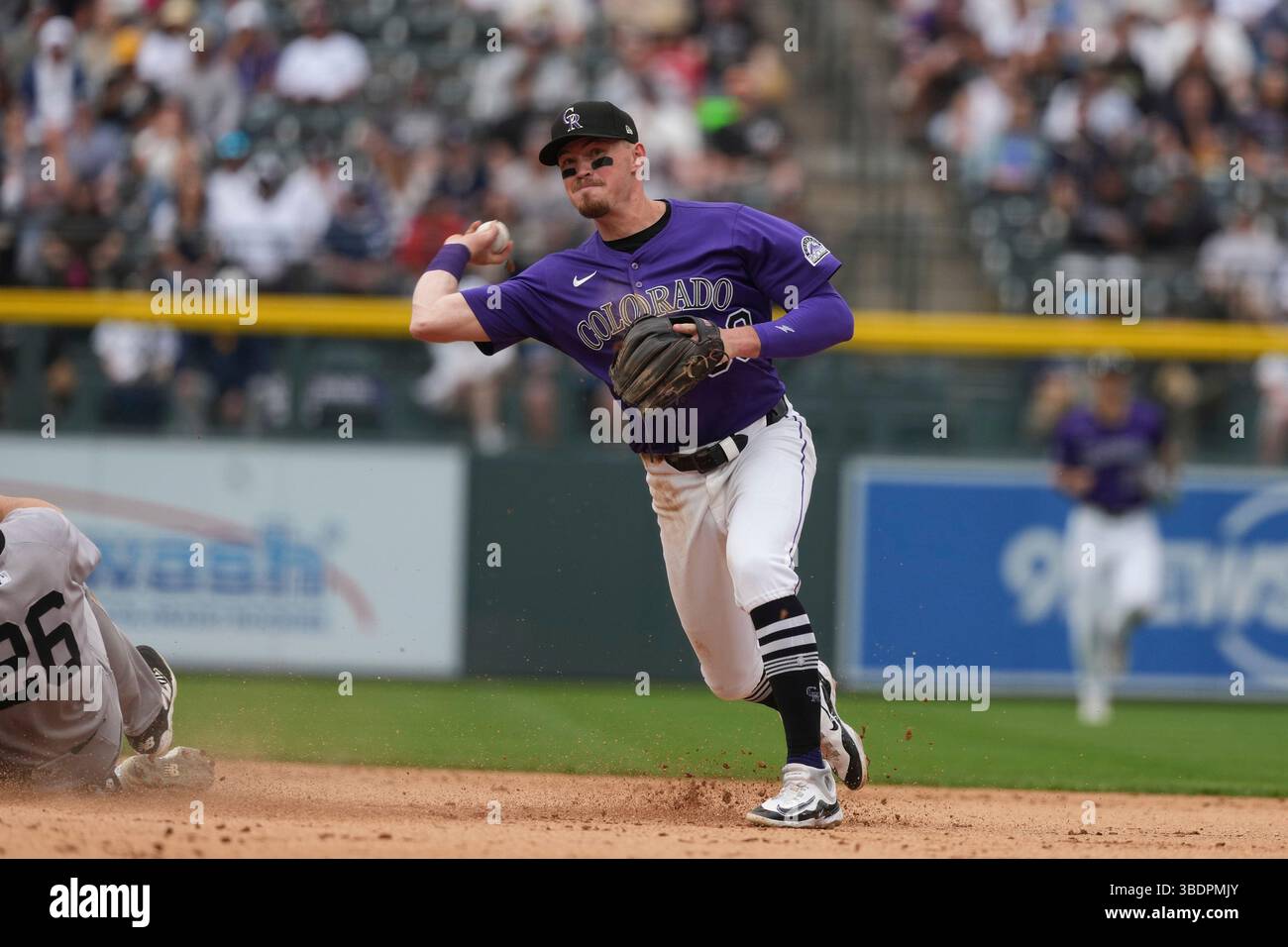 May 234 2025: Colorado shortstop Aaron Schunk (30} makes a double play ...