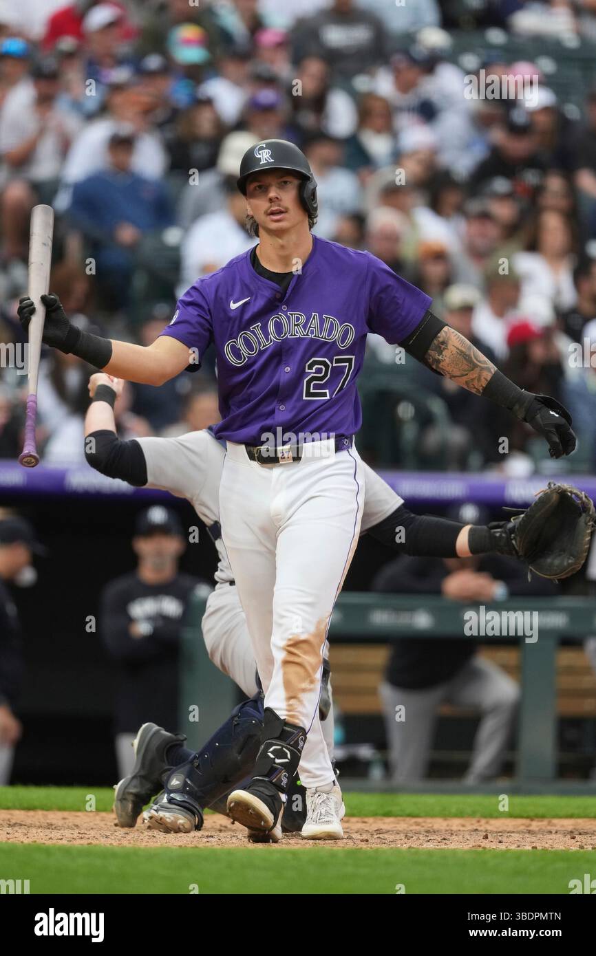 May 234 2025: Colorado left fielder Jordan Beck (27} strikes outduring ...