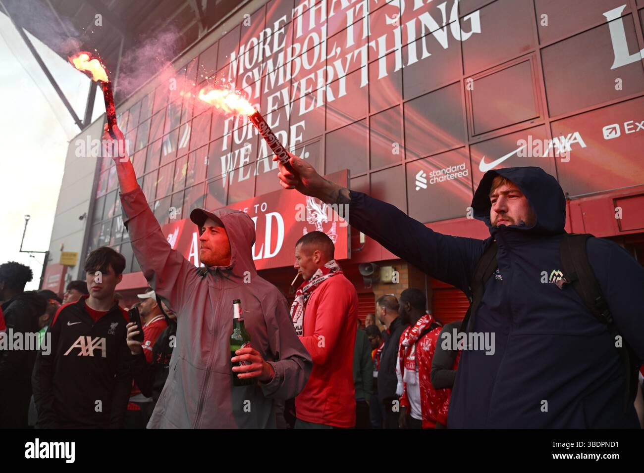 Liverpool fans let off flares outside the stadium during the Premier ...