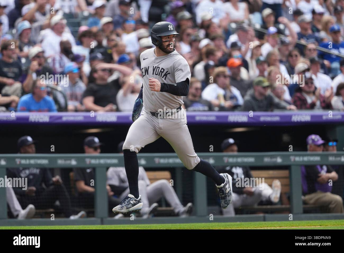 May 234 2025: New York catcher Austin Wells (28} scoring a run during ...