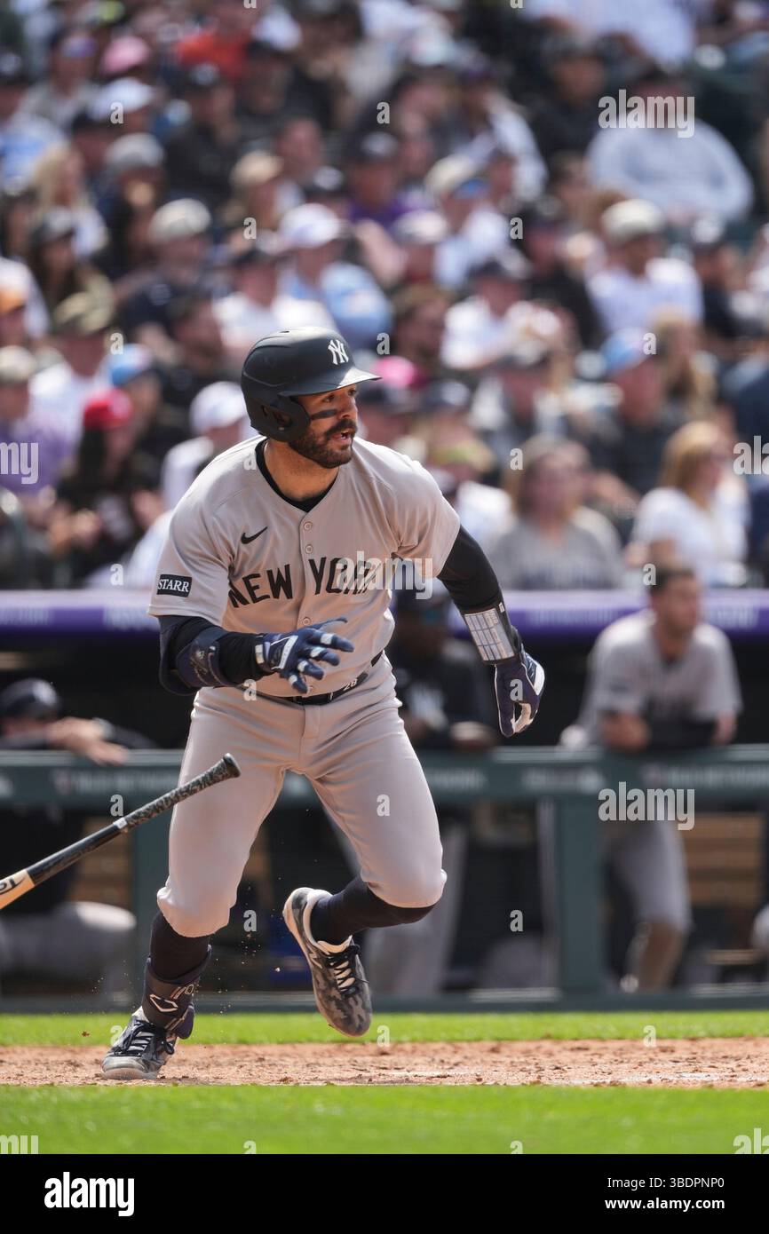 May 234 2025: New York catcher Austin Wells (28} getting a hit during ...