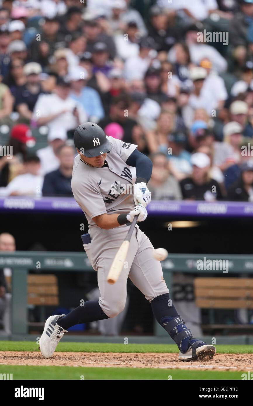 May 234 2025: New York shortstop .Anthony Volpe (11} getting a hit during the game with the New ...