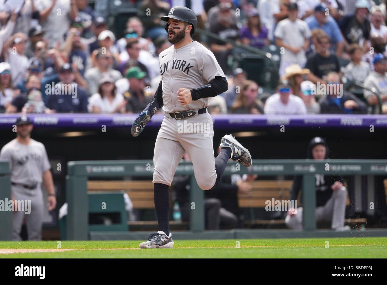 May 234 2025: New York catcher Austin Wells (28} scores a run during ...