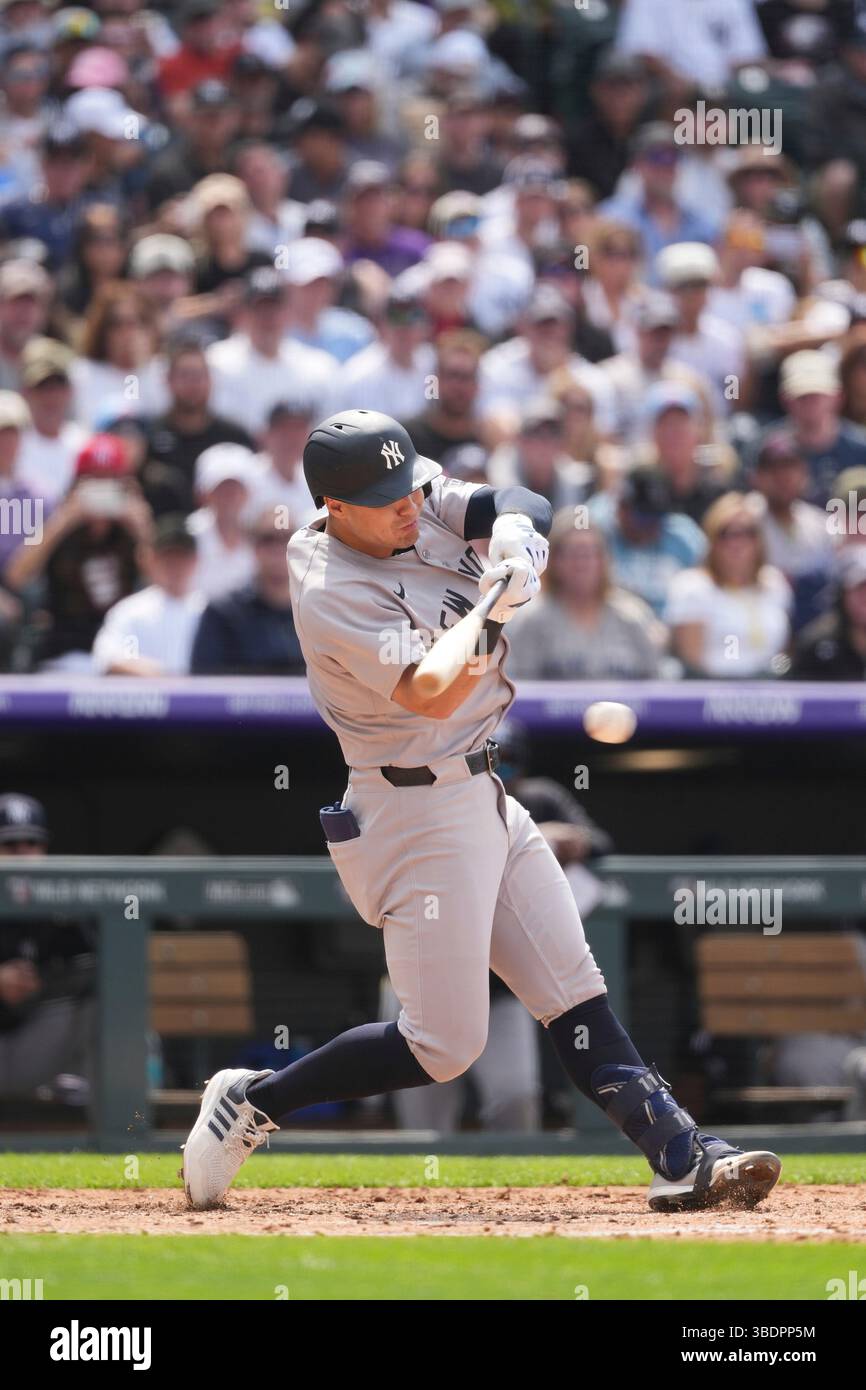 May 234 2025: New York right fielder Aaron Judge (99} hits a triple ...