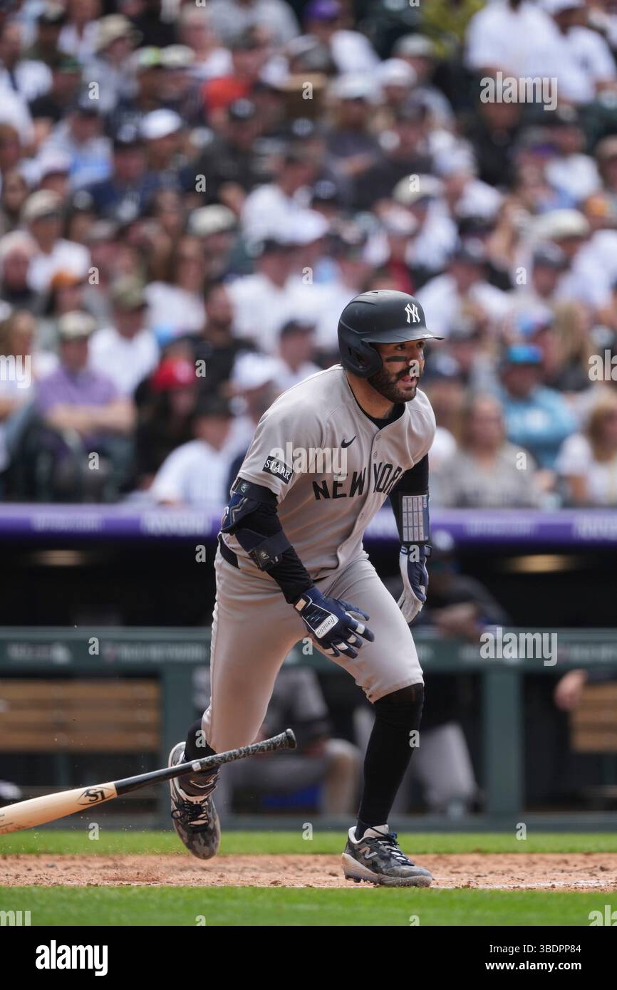 May 234 2025: New York catcher Austin Wells (28} getting a hit during ...