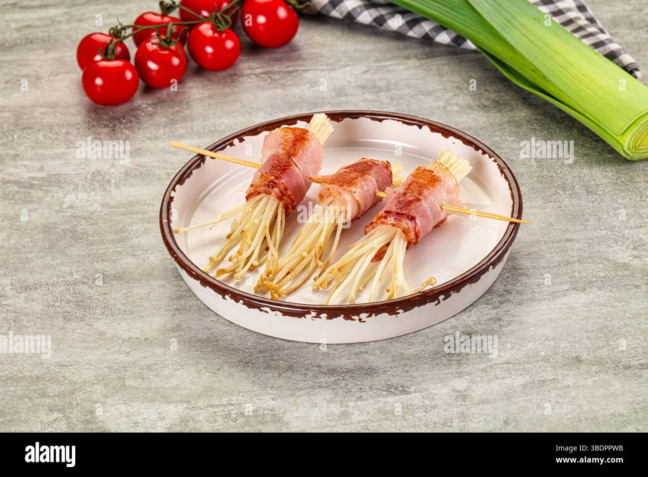 Grilled enoki mushroom with bacon roll wrap Stock Photo - Alamy