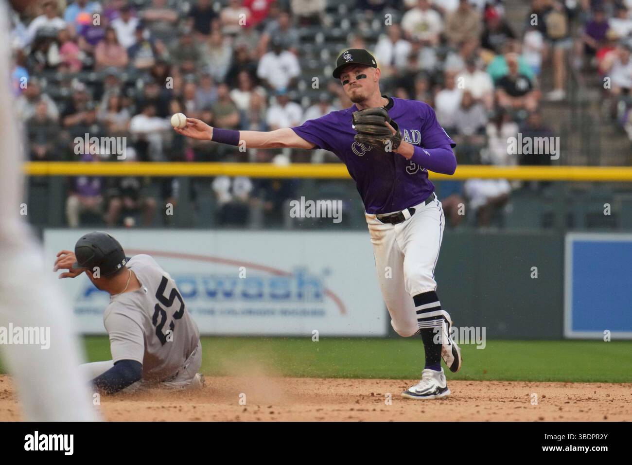May 234 2025: Colorado shortstop Aaron Schunk (30} makes a double play ...