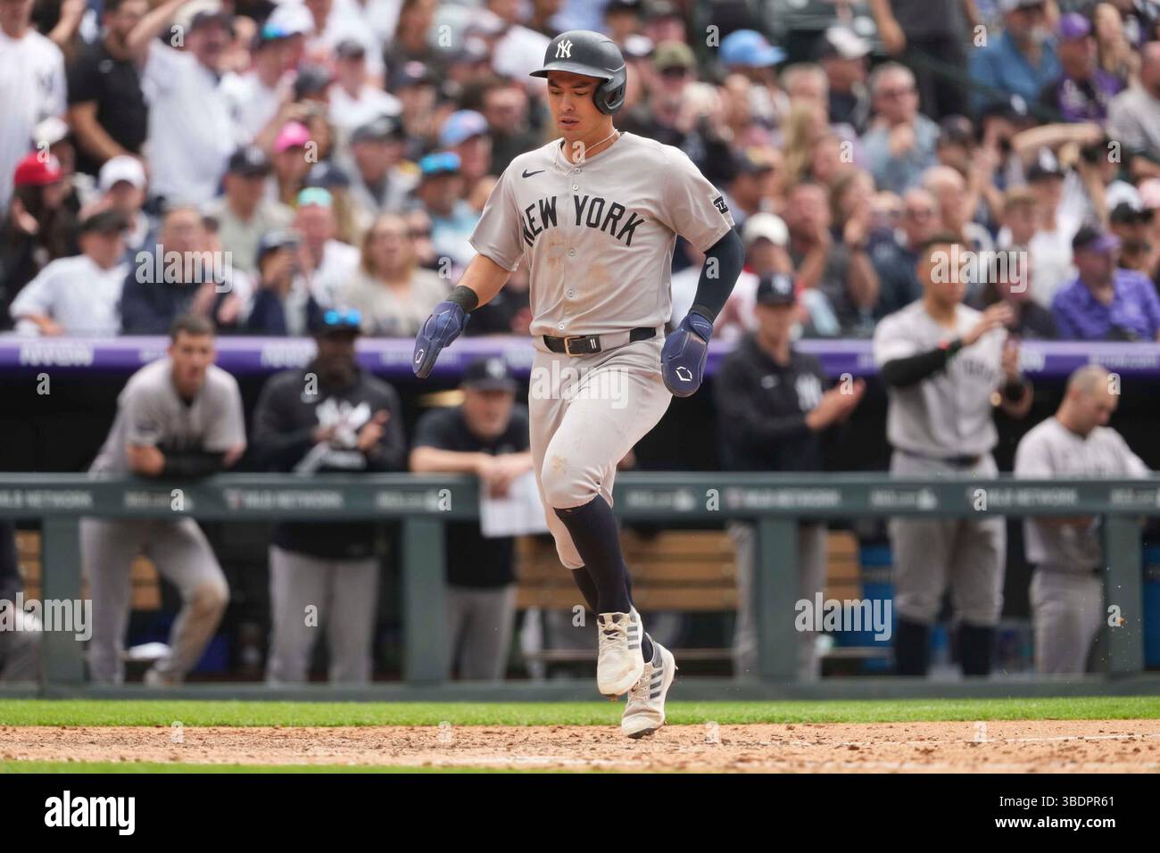 May 234 2025: New York shortstop .Anthony Volpe (11} coming in to score during the game with the ...