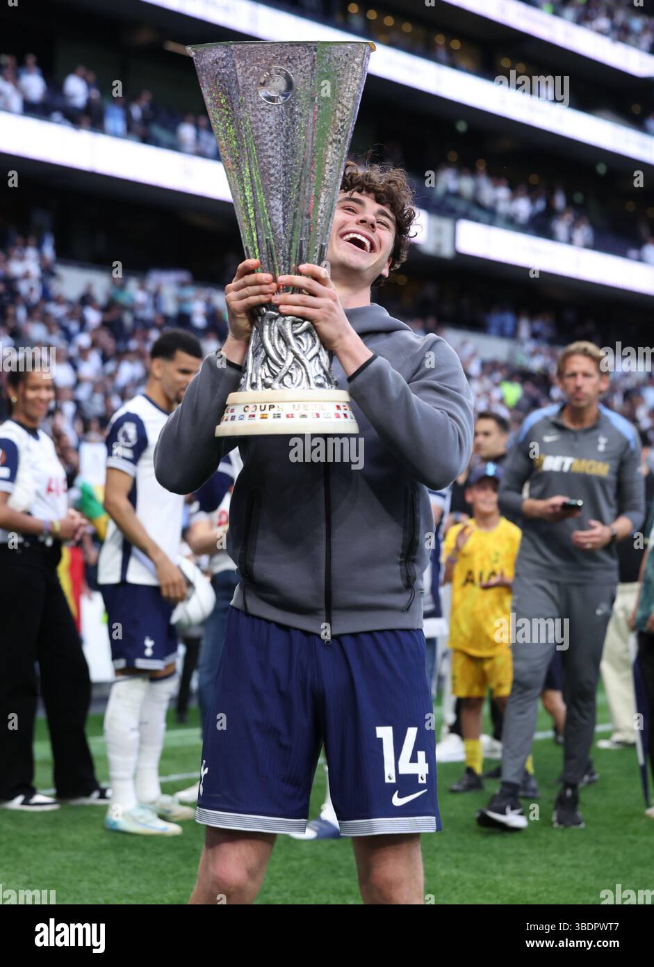 London, UK. 25th May, 2025. Archie Gray of Tottenham Hotspur with the ...