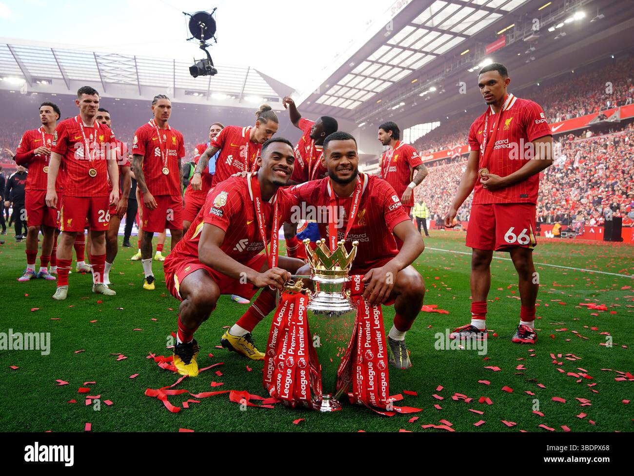 Liverpool's Ryan Gravenberch (left) and Liverpool's Cody Gakpo with the ...