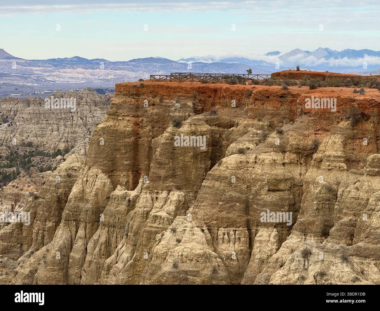 Arid badlands landscape with eroded hills, pine trees, and distant ...