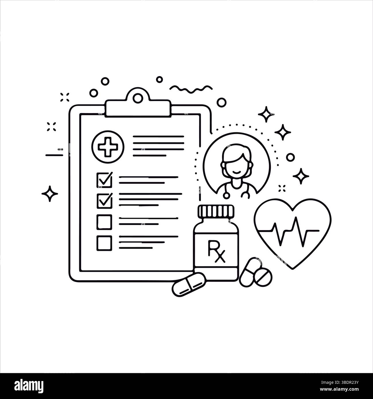 Line Art Illustration. Medical Checklist, Medicine, and Heart Stock ...