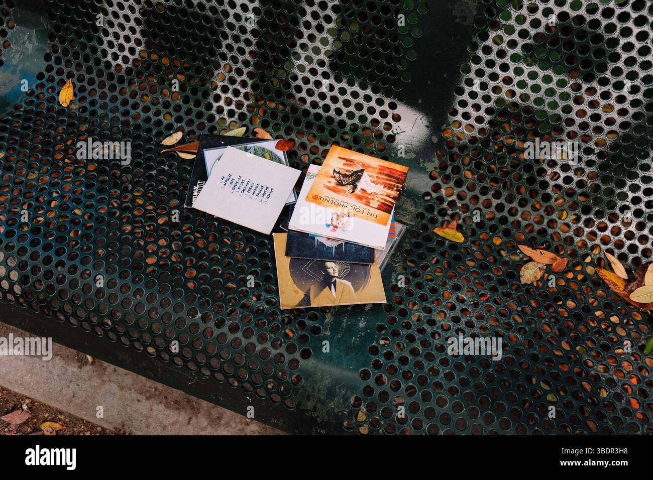 Maastricht - Niederlande, Europa CDs mit verschiedenen Coverbildern auf einer Parkbank ...