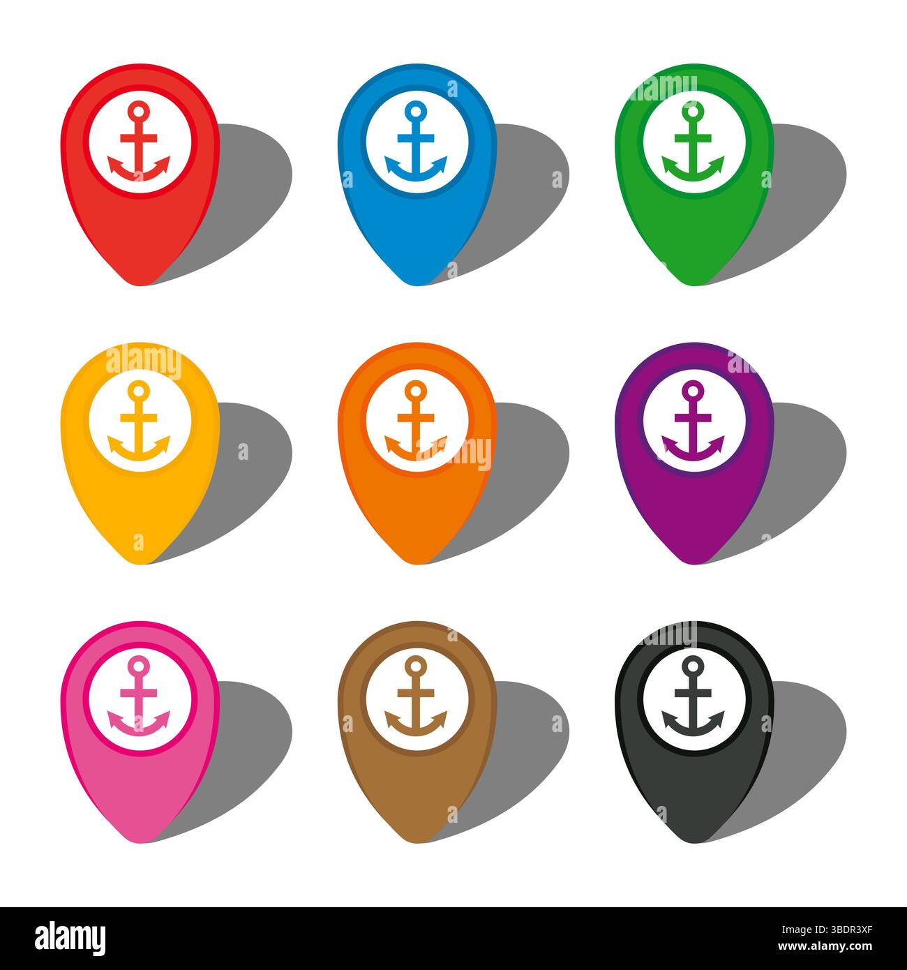 Set of nine colorful map pointers with anchor sign in white circle and ...