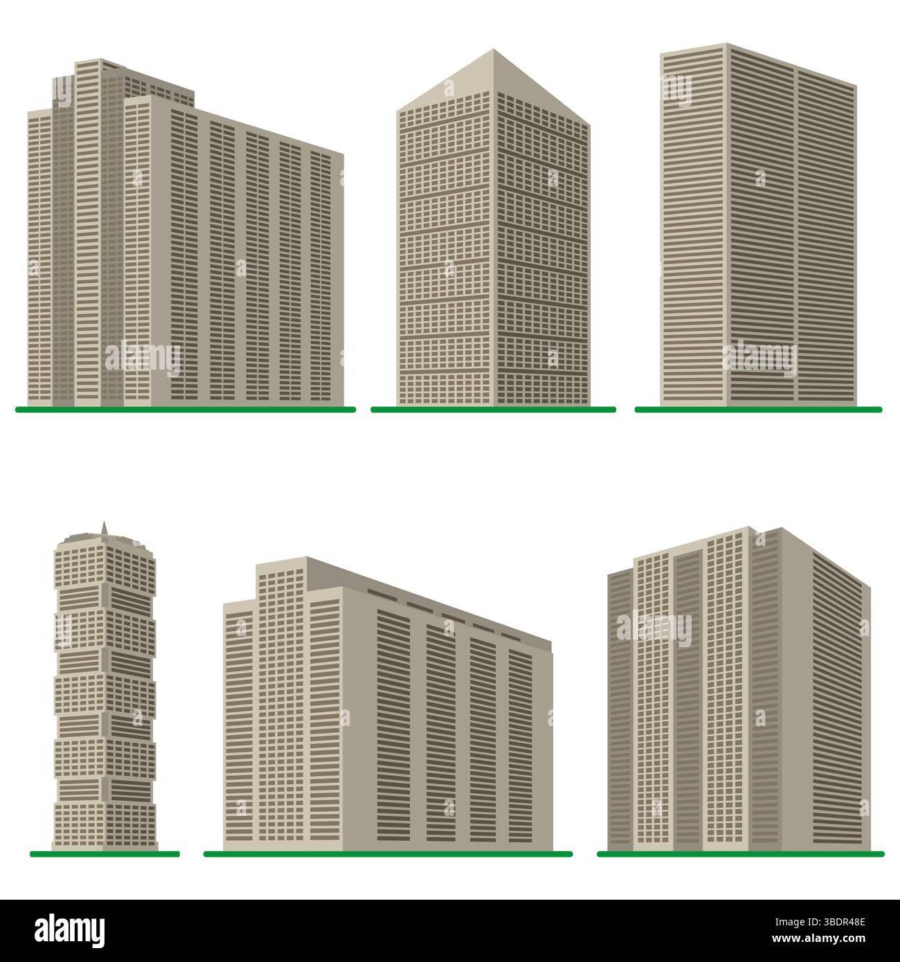 Set of six modern high-rise building on a white background. View of the ...