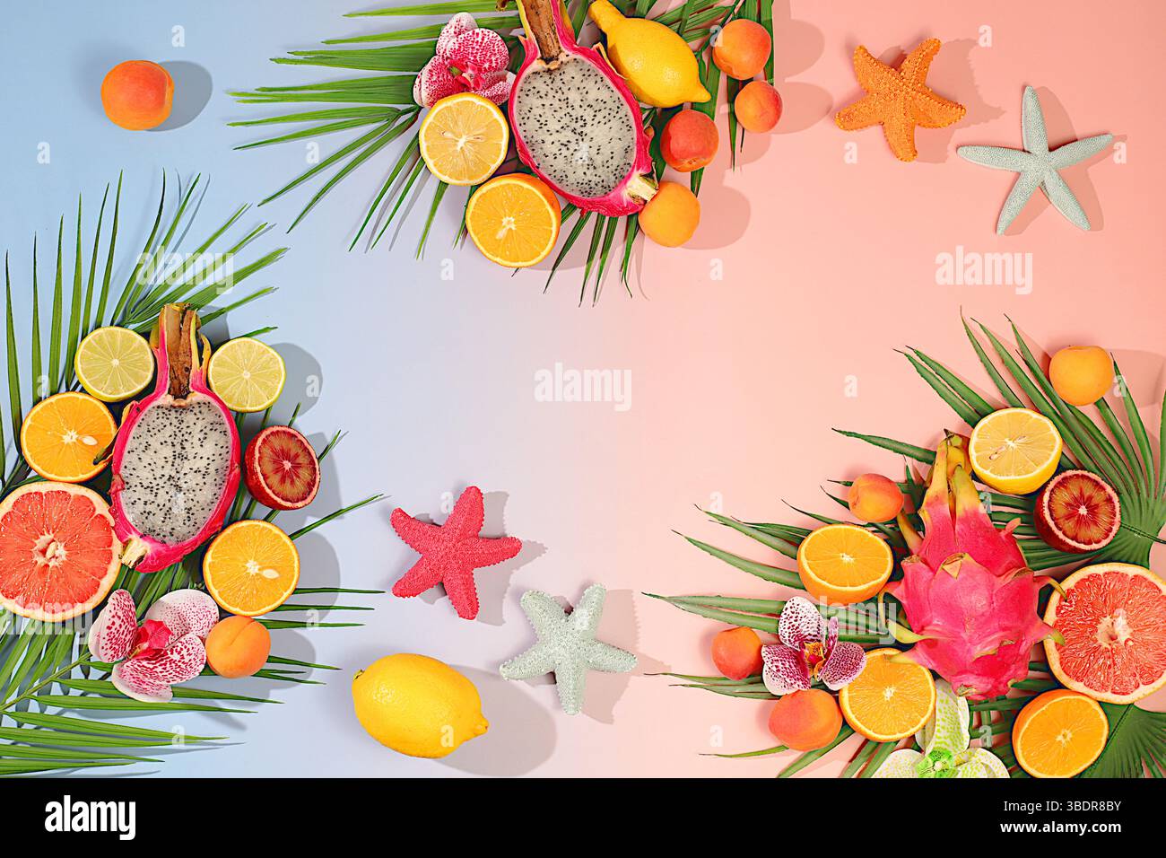 Tropical background with exotic fruits, Sunny banner. Summer in a ...