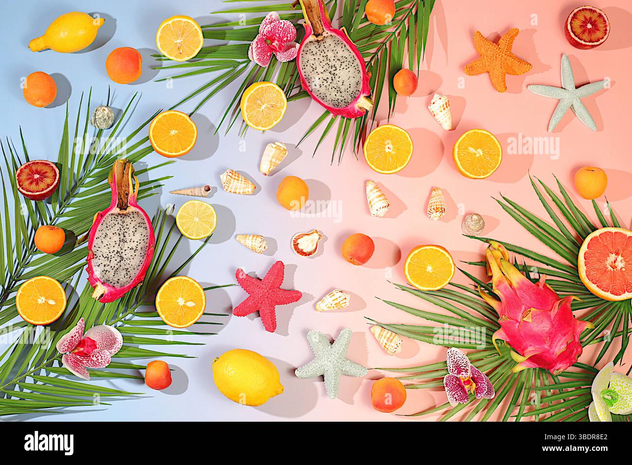 Tropical background with exotic fruits, Sunny banner. Summer in a ...