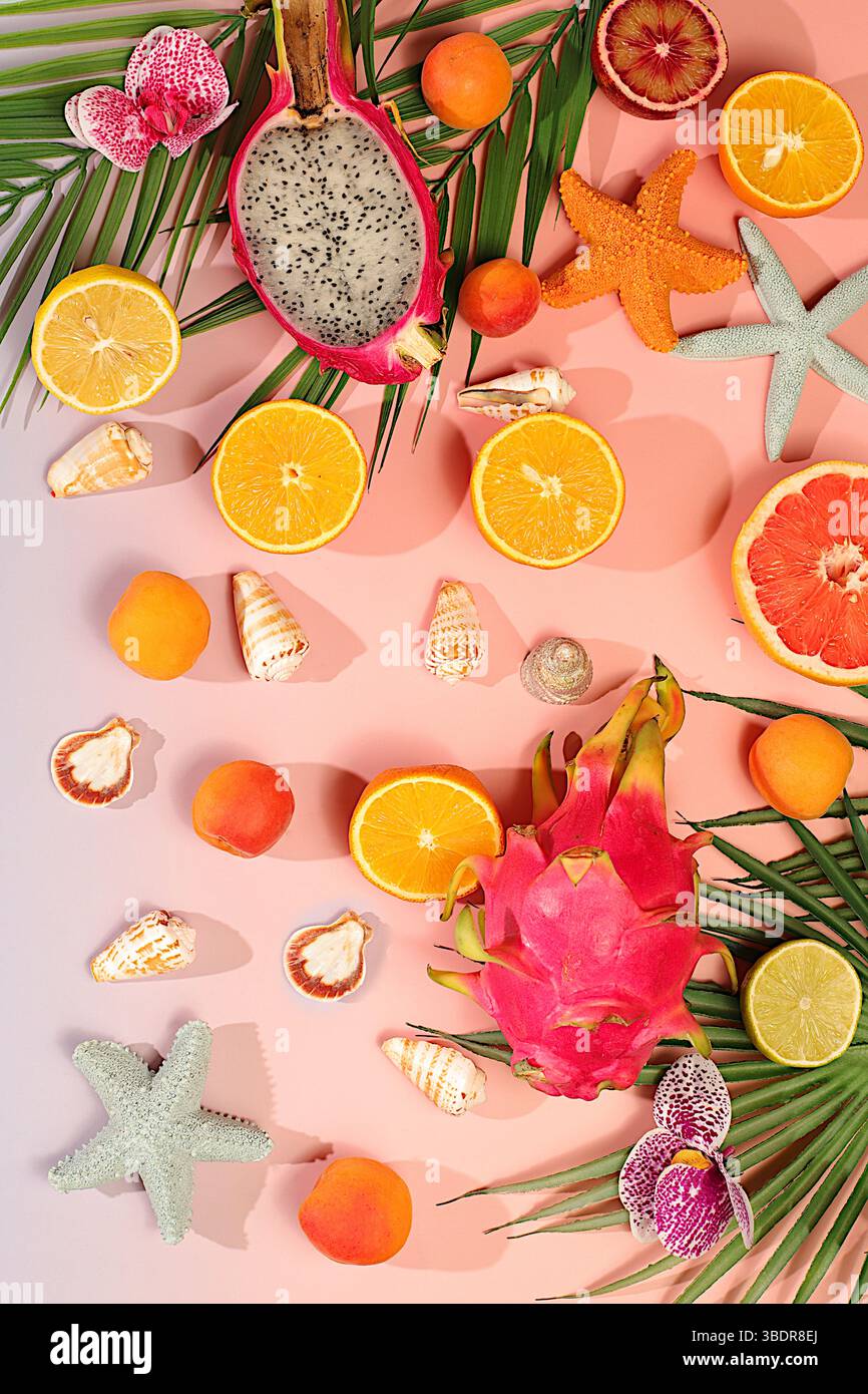 Tropical background with exotic fruits, Sunny banner. Summer in a ...