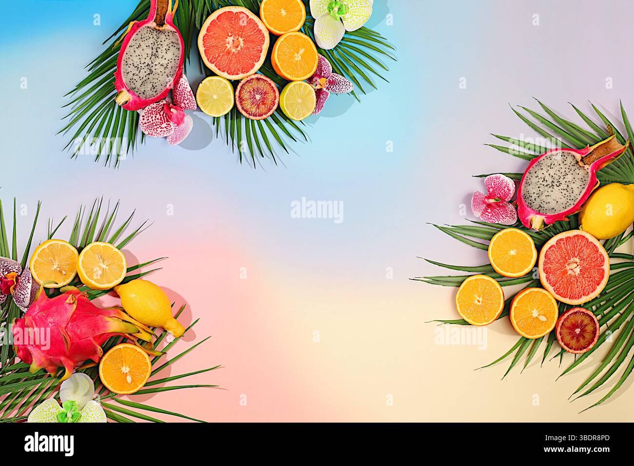 Tropical background with palm trees and exotic fruits, beautiful ...