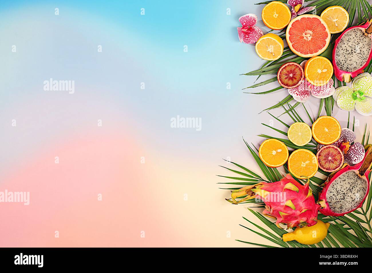 Summer in a snapshot. Dragon fruit, pitaya, oranges, lemons, orchid ...