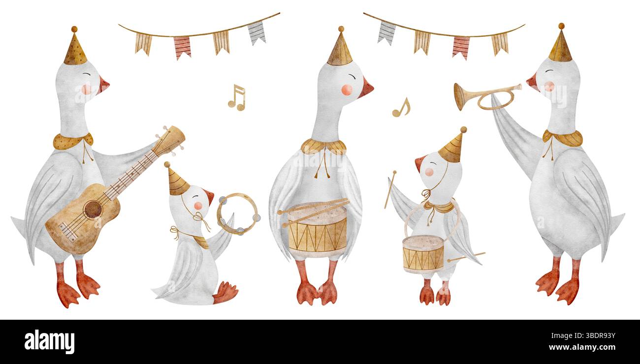 Watercolor set of geese musicians holding drum, guitar, trumpet ...