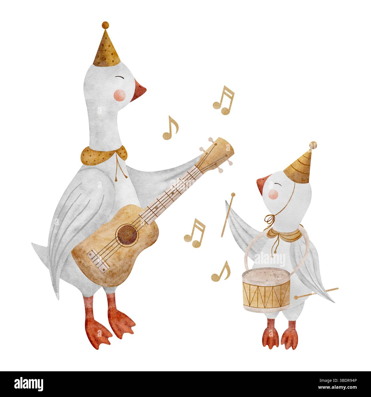 Watercolor geese musicians with drum, guitar, notes. Goose play musical ...