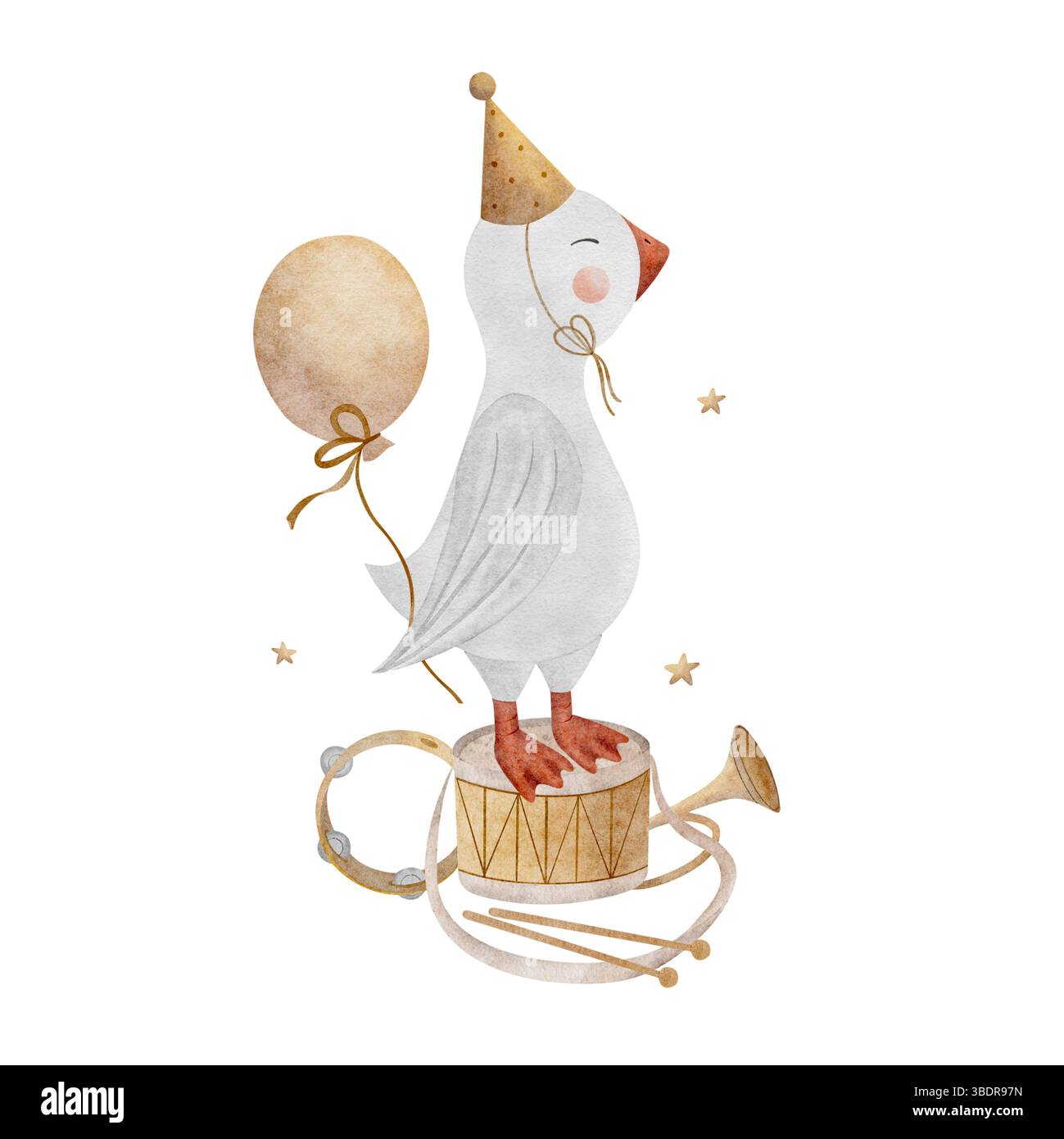 Watercolor goose in vintage cap with balloon stands on drum, musical ...