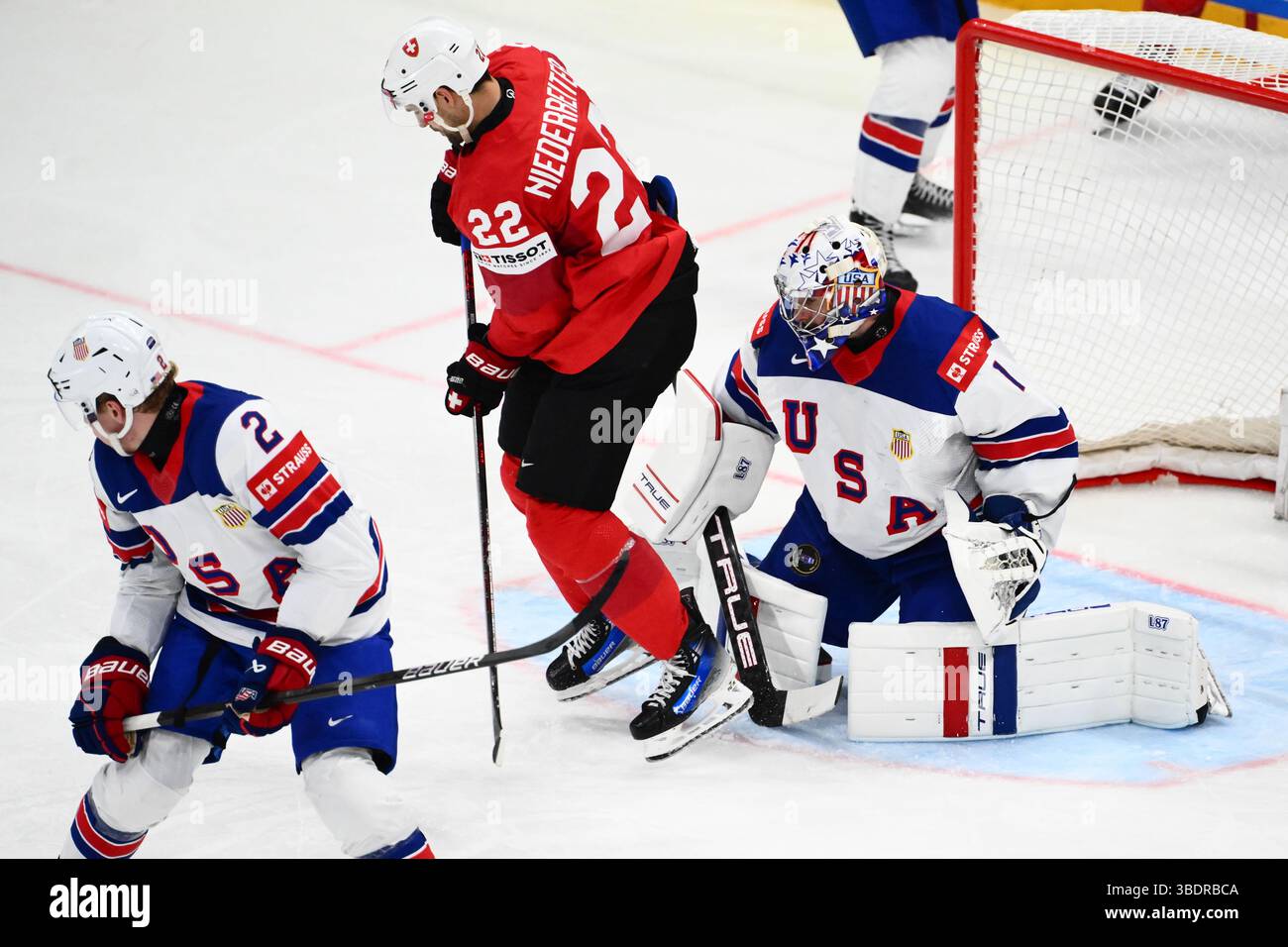 Stockholm, Sweden. 25th May, 2025. From left Jackson LaCombe of USA, Nino Niederreiter of ...