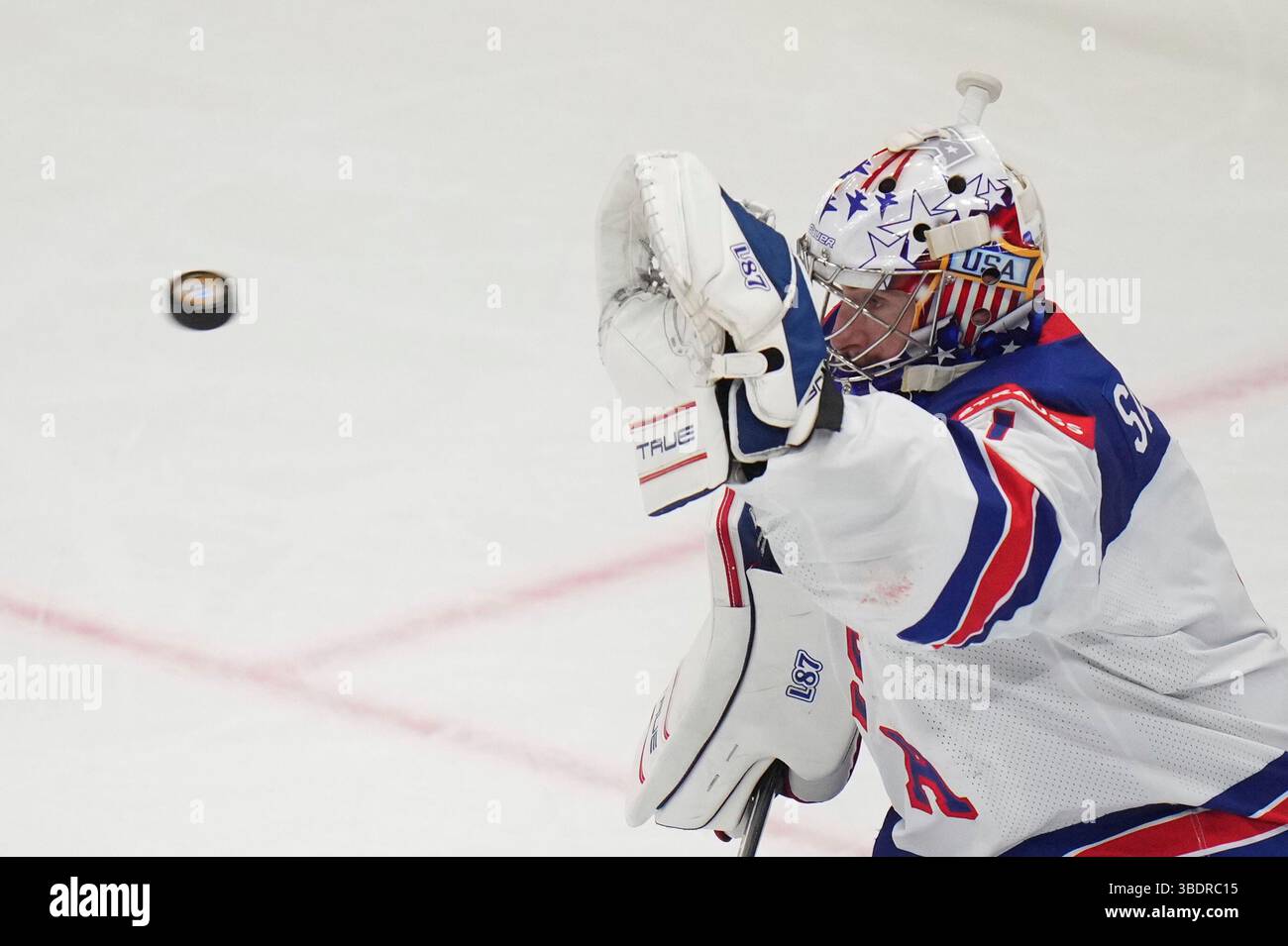 United States' Jeremy Swayman saves during the final match between ...