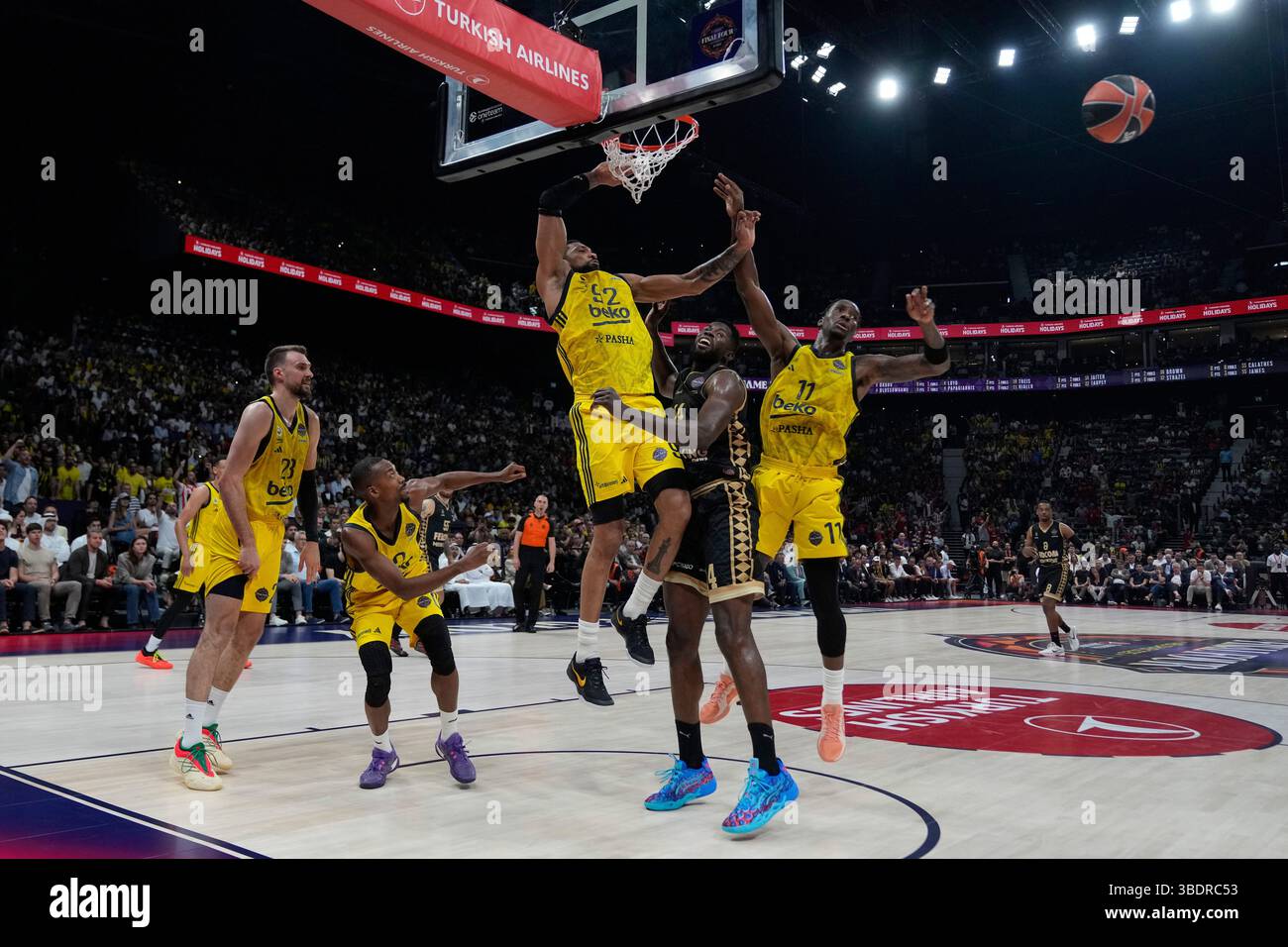 Monaco's Mam Jaiteh, center, misses to score during the Euroleague ...