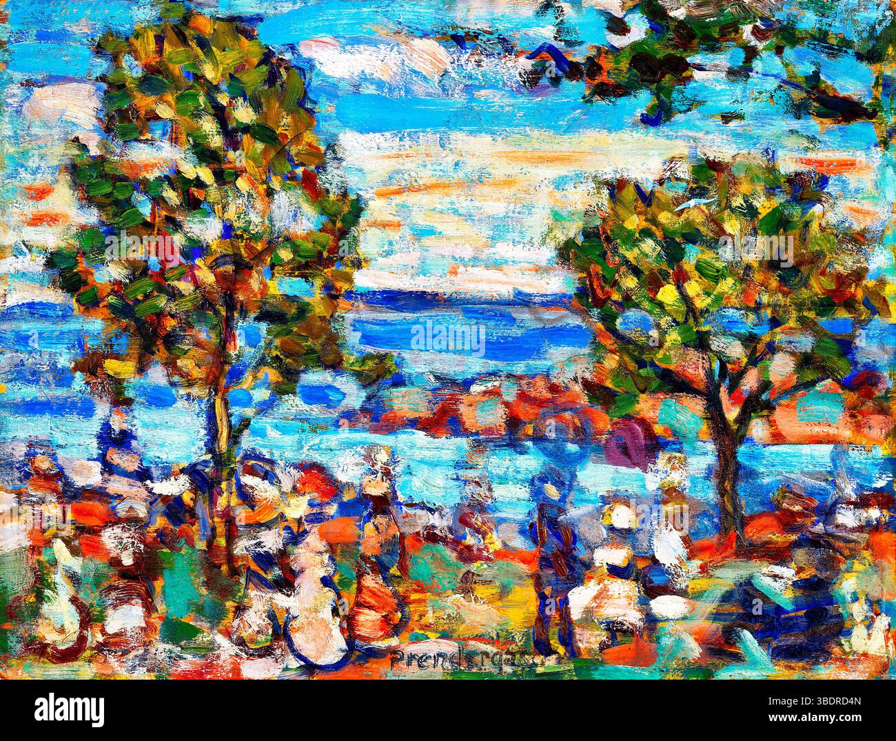Prendergast's beach scene frames a vibrant crowd with two trees ...