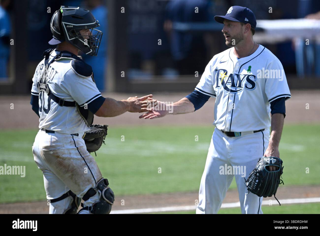 Tampa Bay Rays pitcher Cole Sulser, right, is congratulated by catcher ...