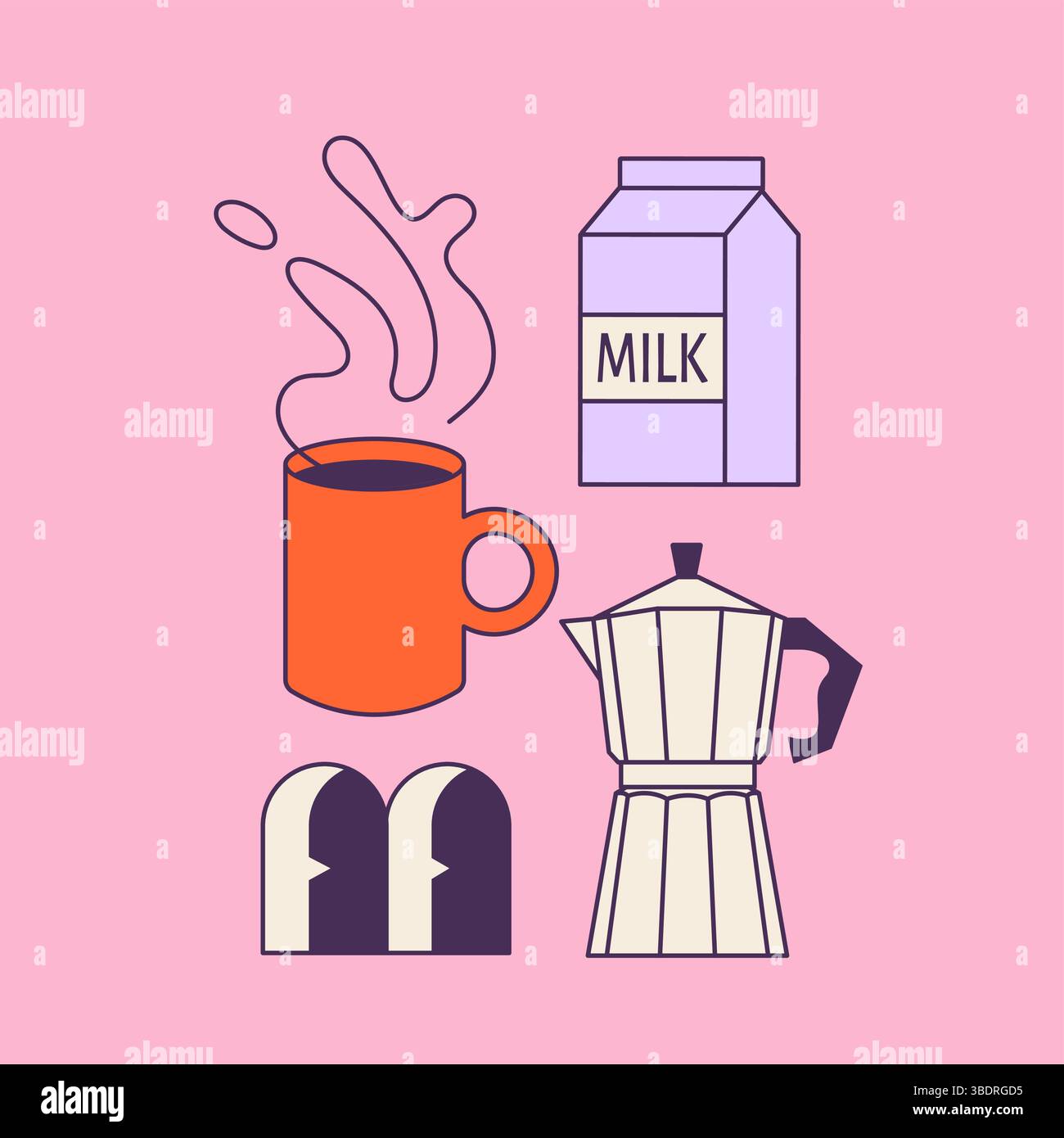 Hand drawn cartoon of coffee mug, milk carton, and moka pot Stock ...