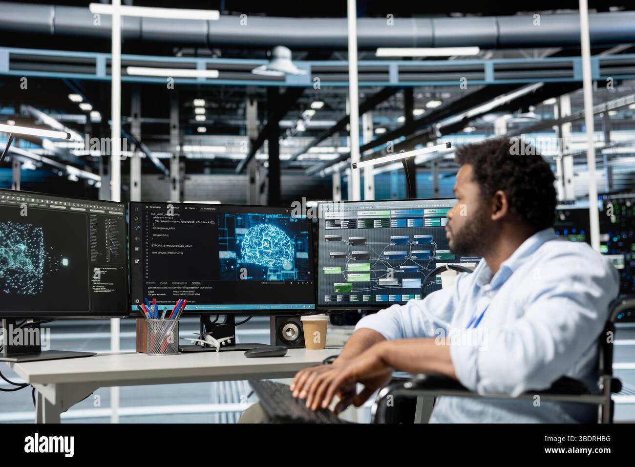 Engineer with paraplegia in inclusive data center using artificial intelligence visualization ...