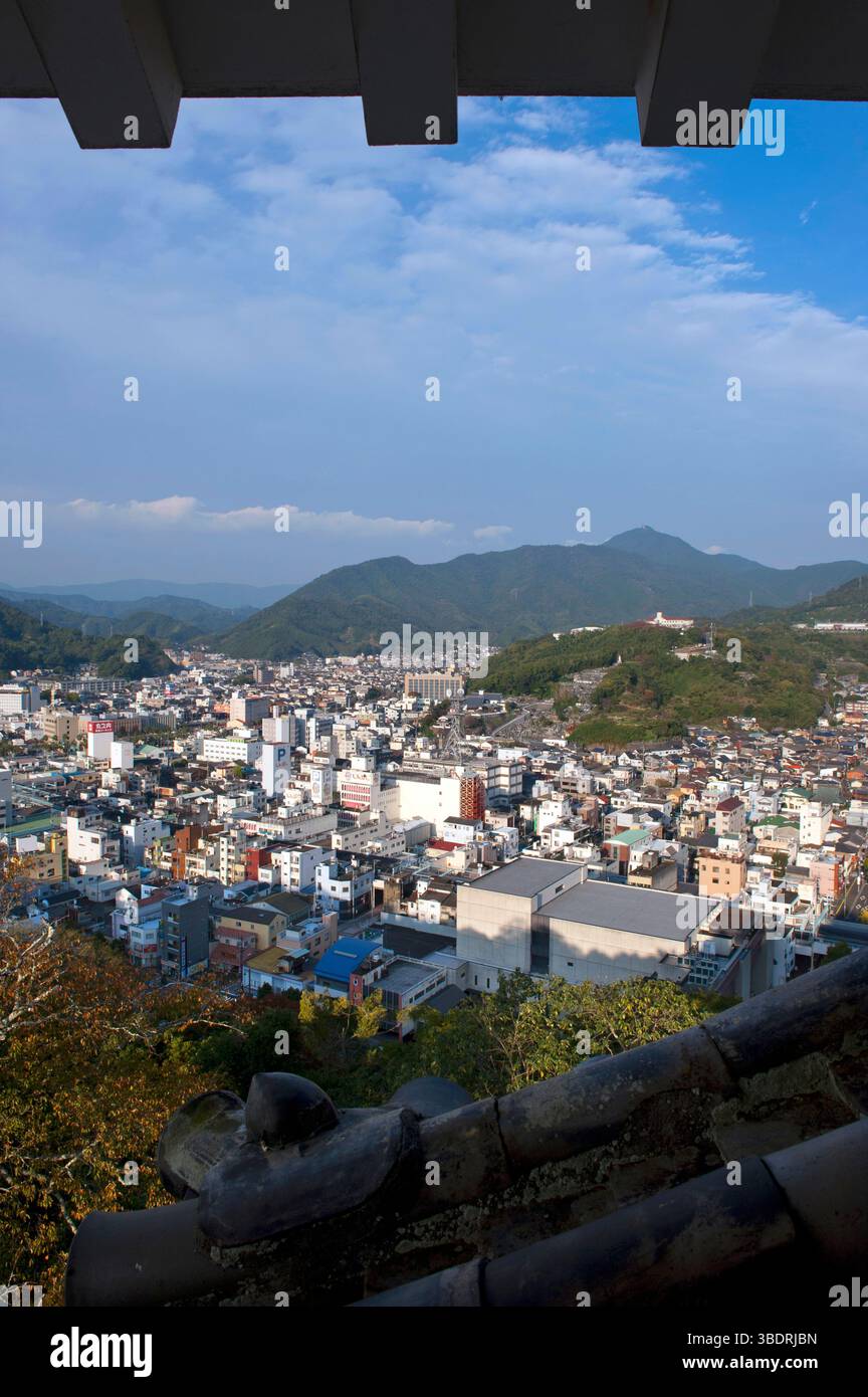 Distant view from the "tenshu" (castle keep or tower) of Uwajima Castle ...