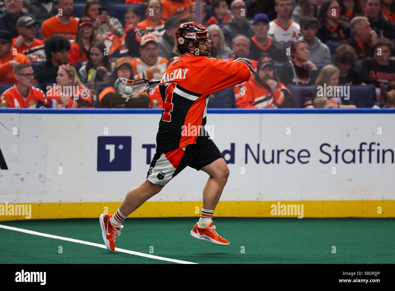 May 24th 2025: Buffalo Bandits forward Ian McKay (4) runs in the second quarter. The Buffalo ...