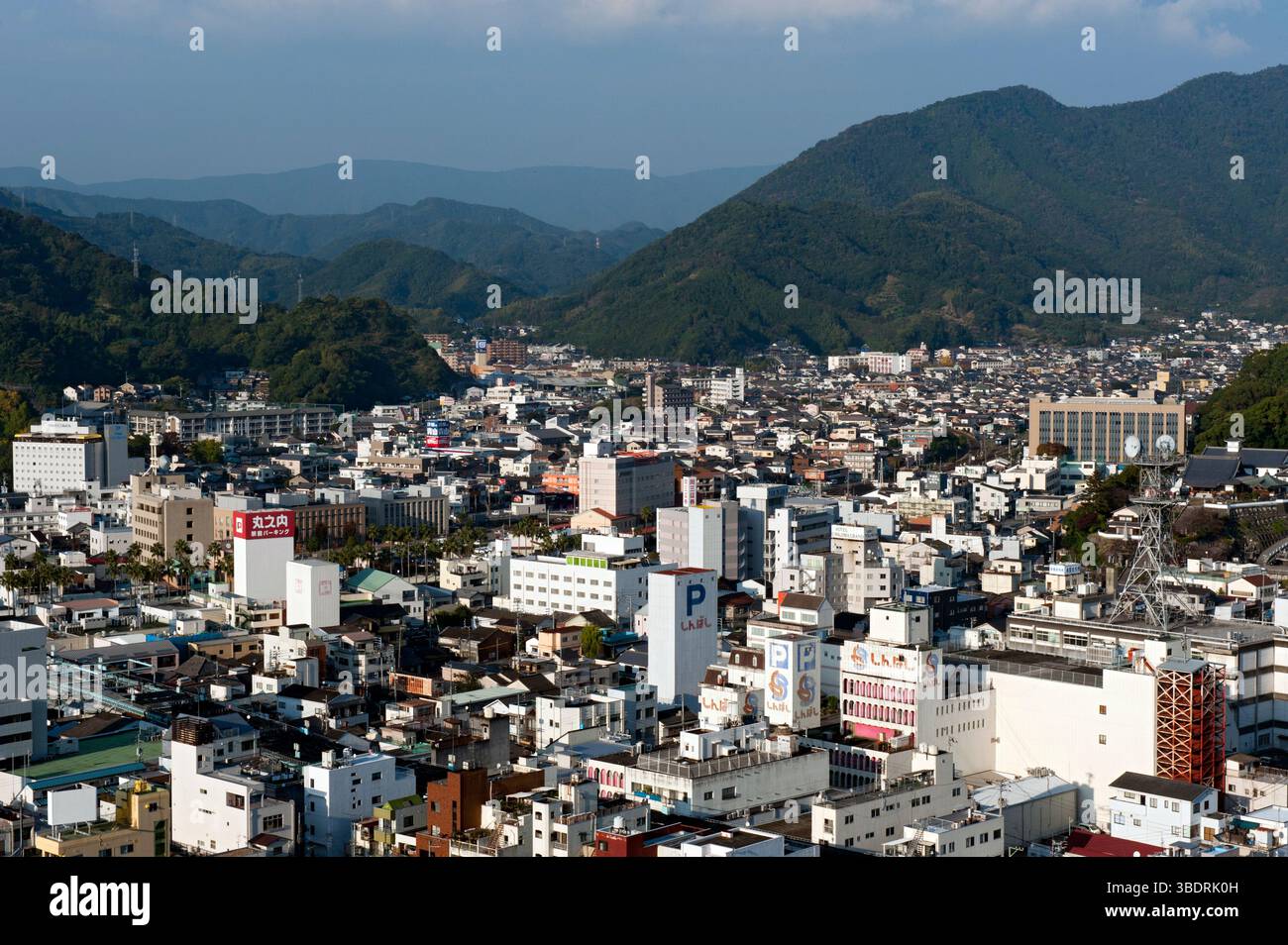 Bird's-eye aerial view from top of Uwajima Castle of Uwajima City and ...