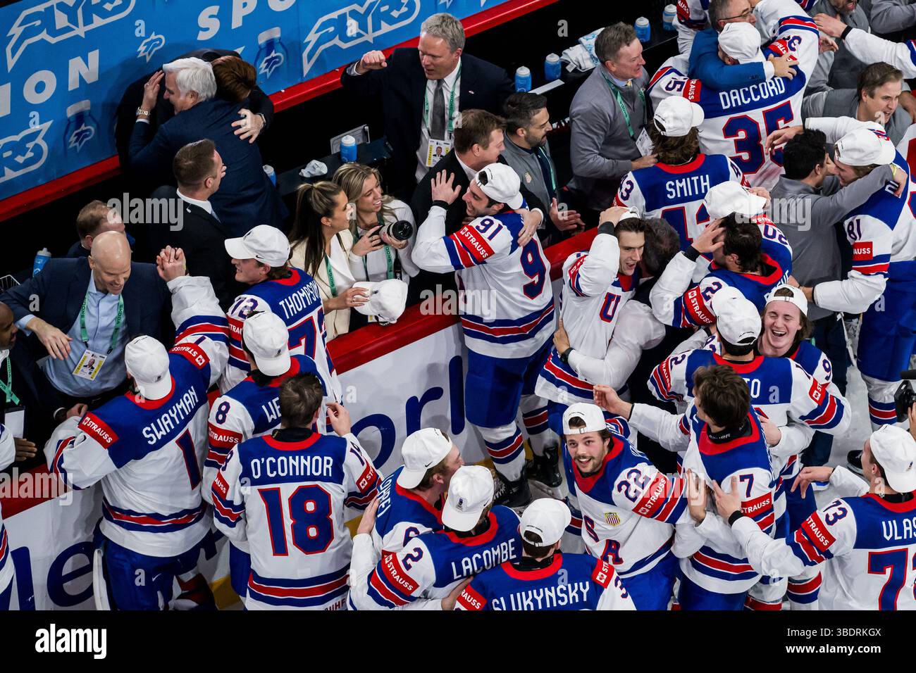 Players of, USA. , . celebrate after winning the 2025 IIHF Ice Hockey ...