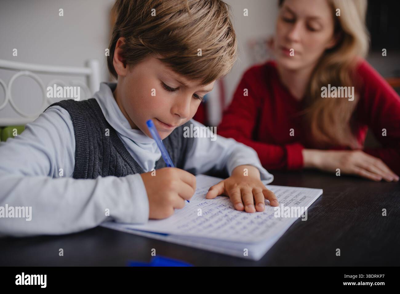 Boy pupil doing his homework at home with his mother Stock Photo - Alamy