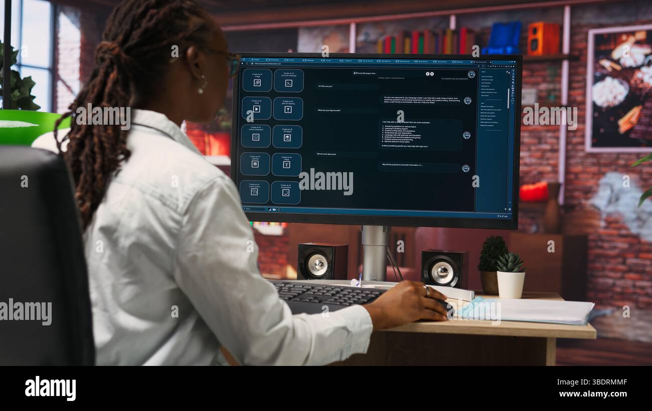 Woman solving personal tasks with AI LLM chatbot answering prompts using predictive technology ...