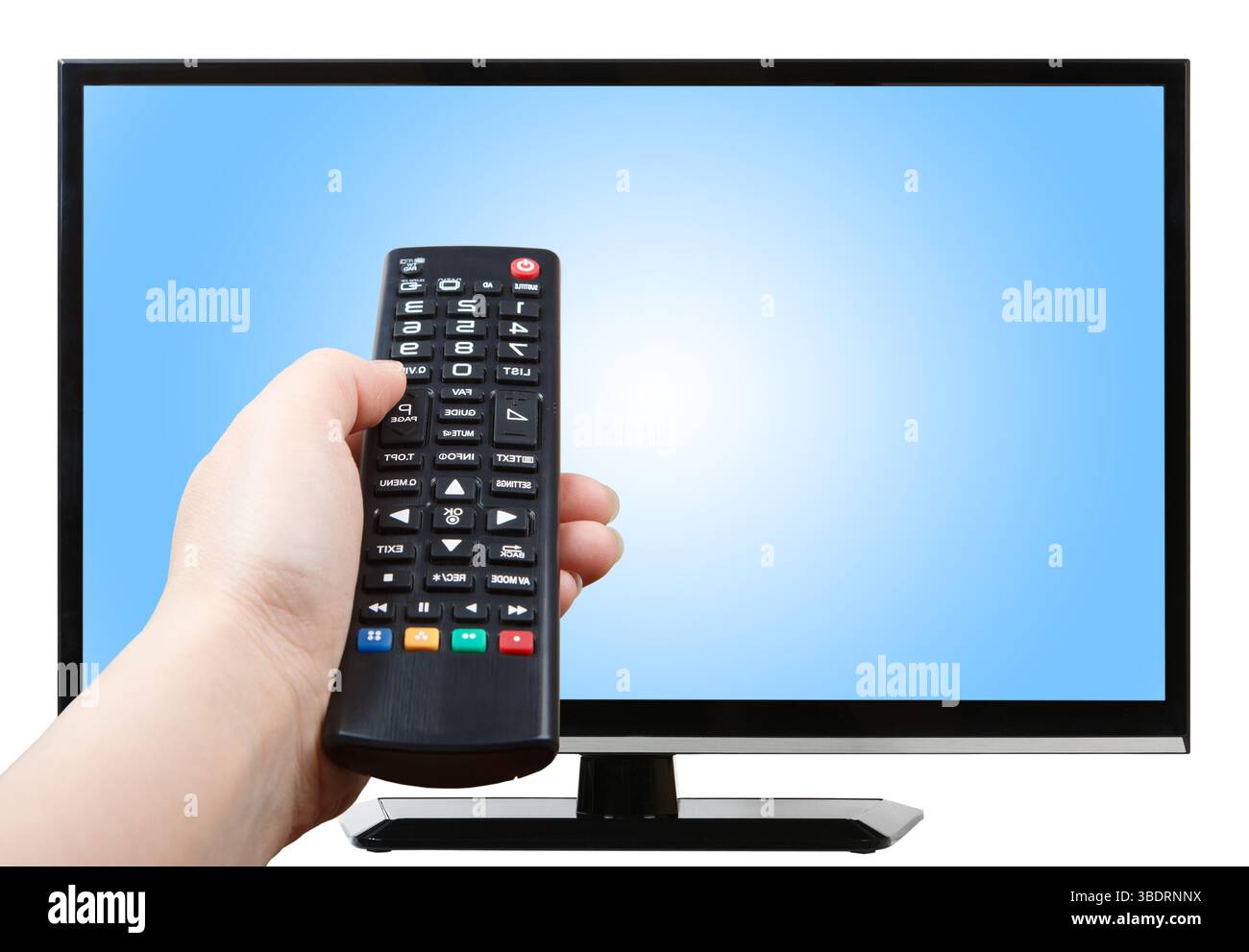 Hand with remote control pointing at modern TV set Stock Photo - Alamy