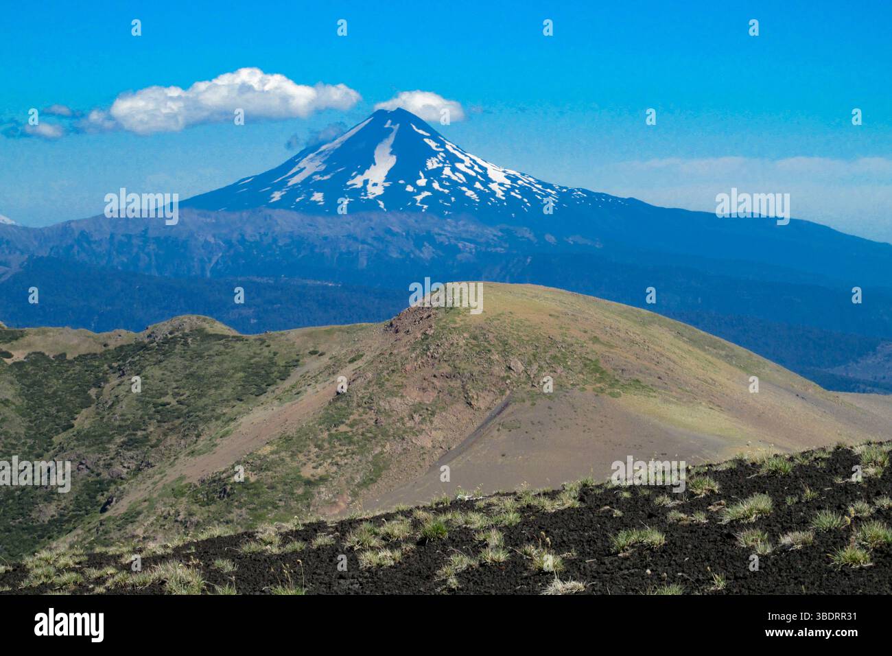 Volcanic landscape. Erupting volcano in South America in the Andes ...