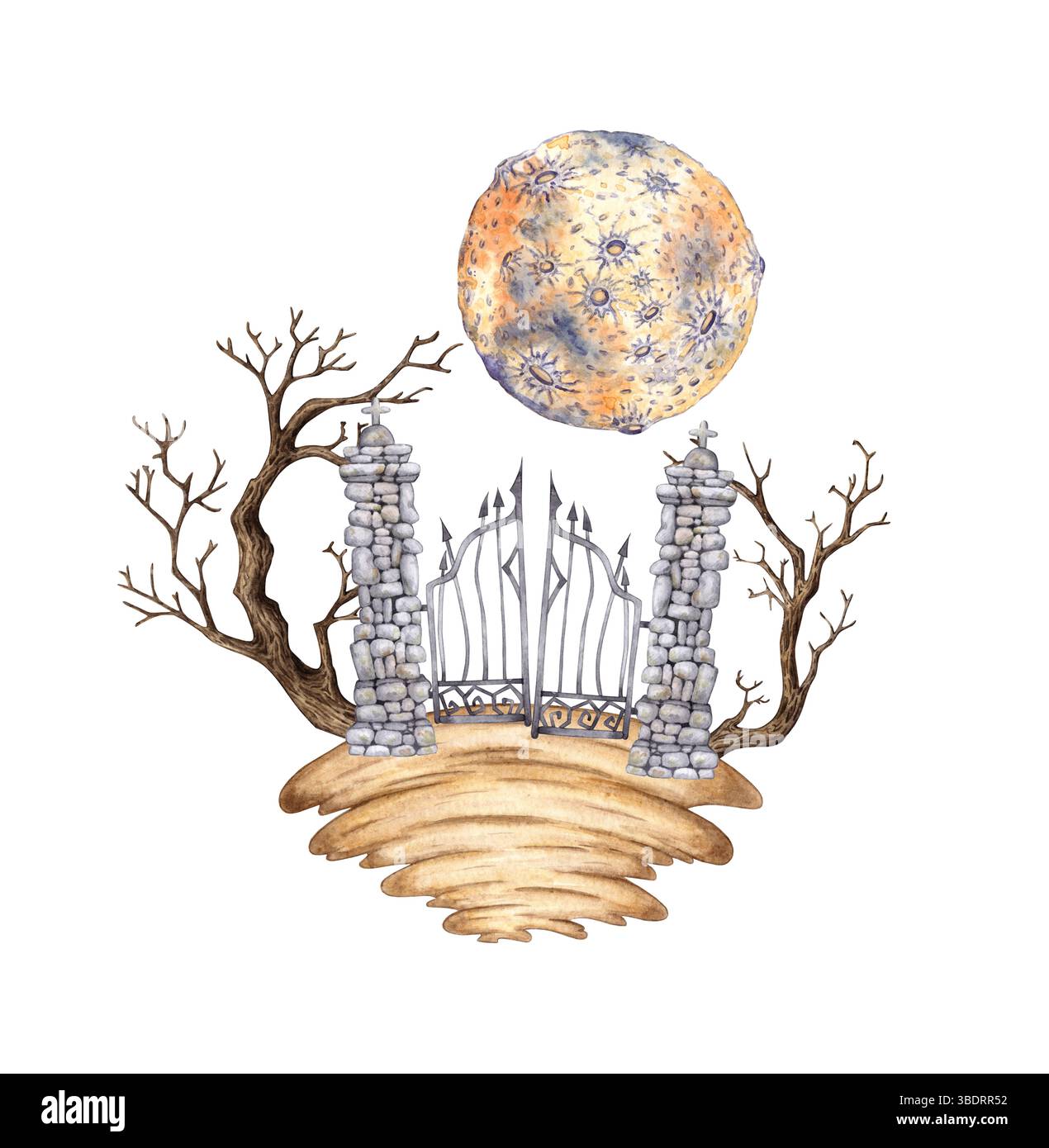 Old, rusty, metal gate, broken fence bars, dry trees and moon ...