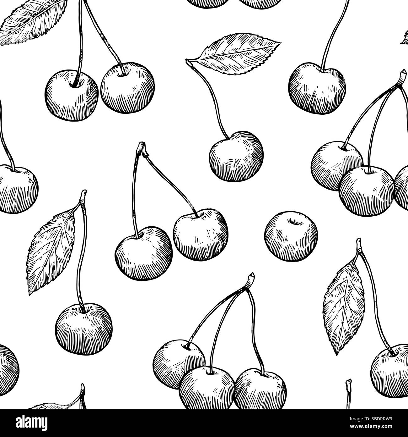 Seamless pattern with cherry in sketchy hand-drawn monochrome style ...